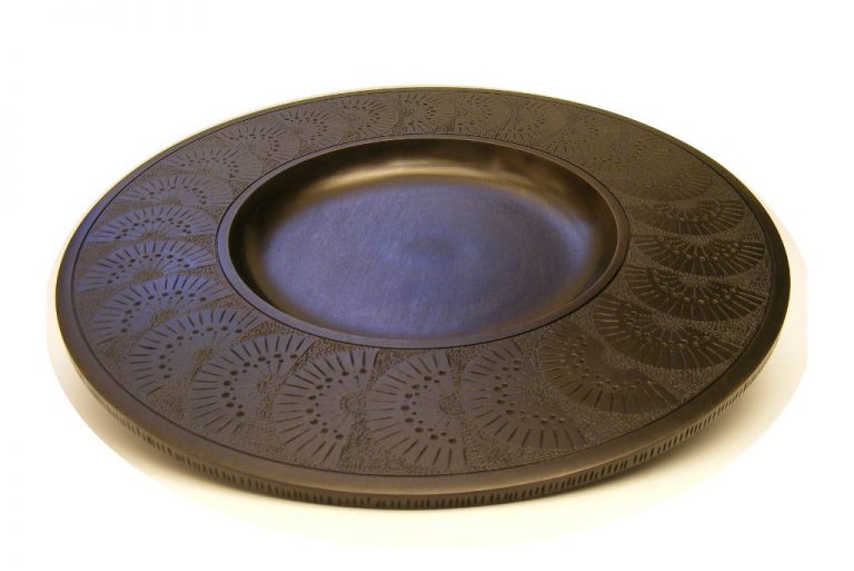 Black Fan Wooden Platter-Hand Carved Wide Rimmed Wood Platter-Decorated ...
